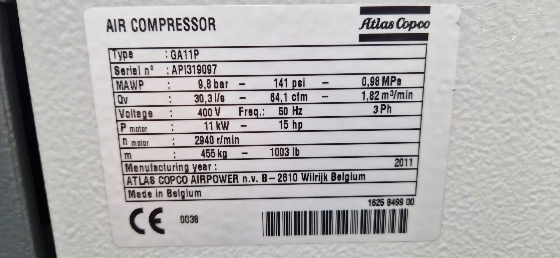 ATLAS COPCO GA 11+ FF Screw Compressor: buy used